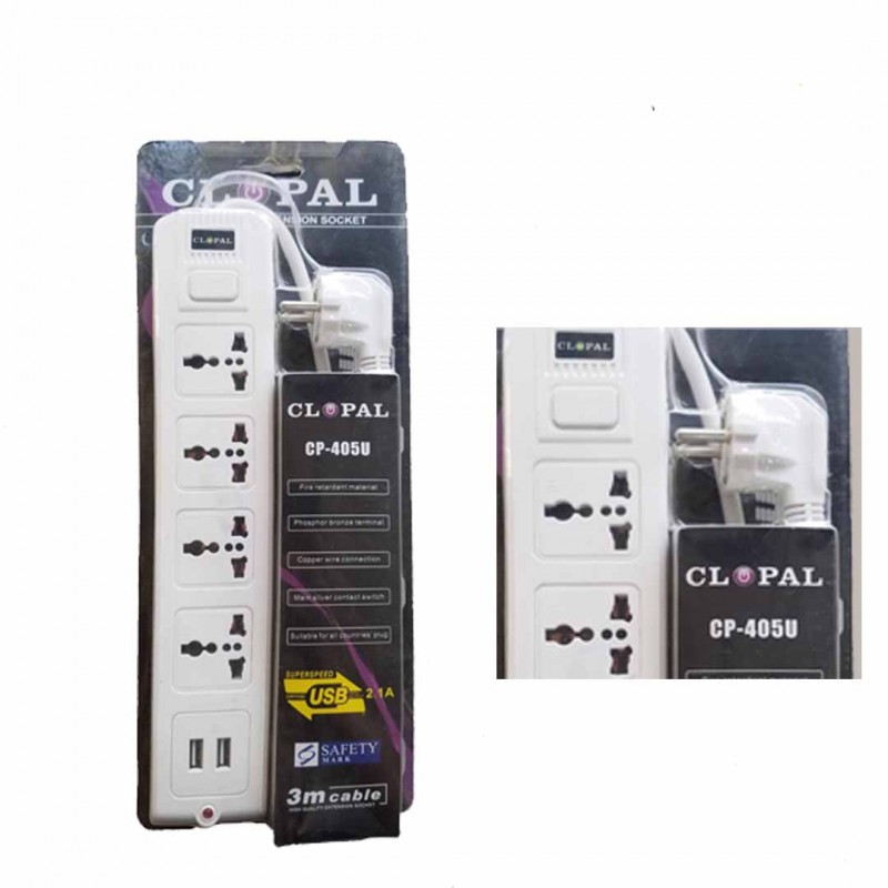 Clopal 2500 watts 4 Ways Extension Socket With 2 Super-speed USB Slots