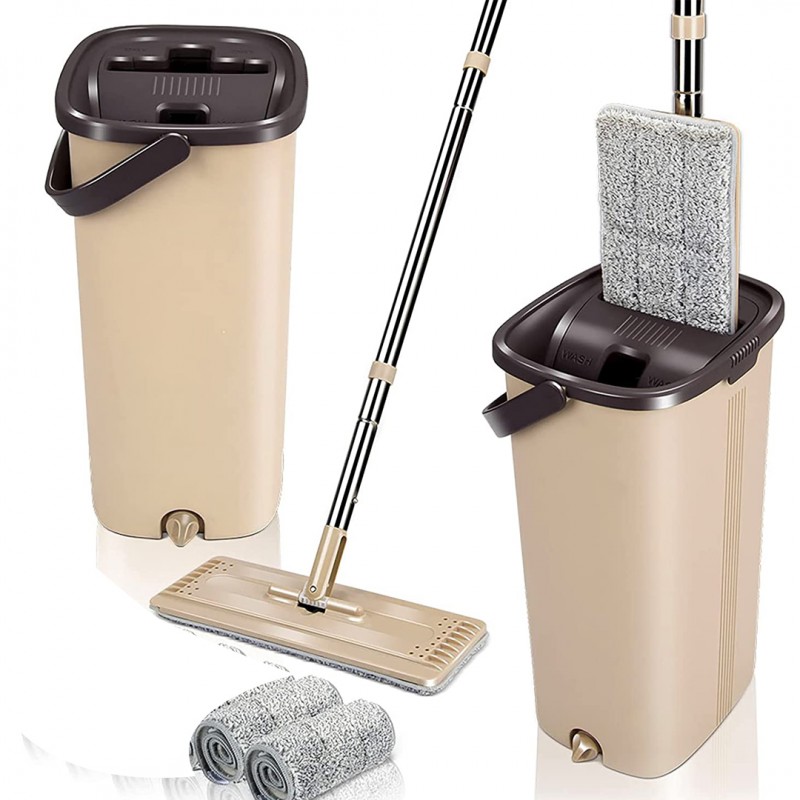 Squeeze Flat Floor Mop and Bucket Set with 2 Microfiber Mop | Premium ...